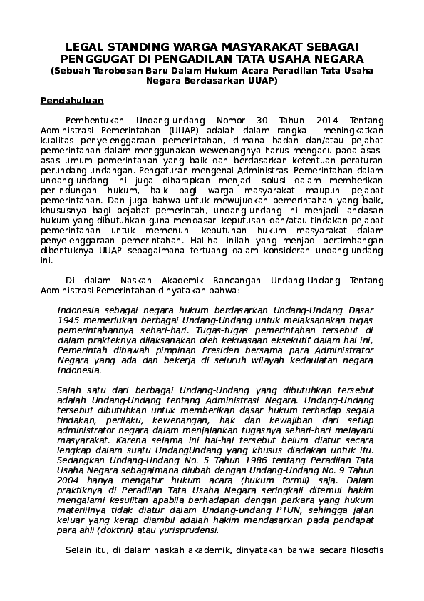 (DOC) LEGAL STANDING WARGA MASYARAKAT SEBAGAI PENGGUGAT DI PENGADILAN ...