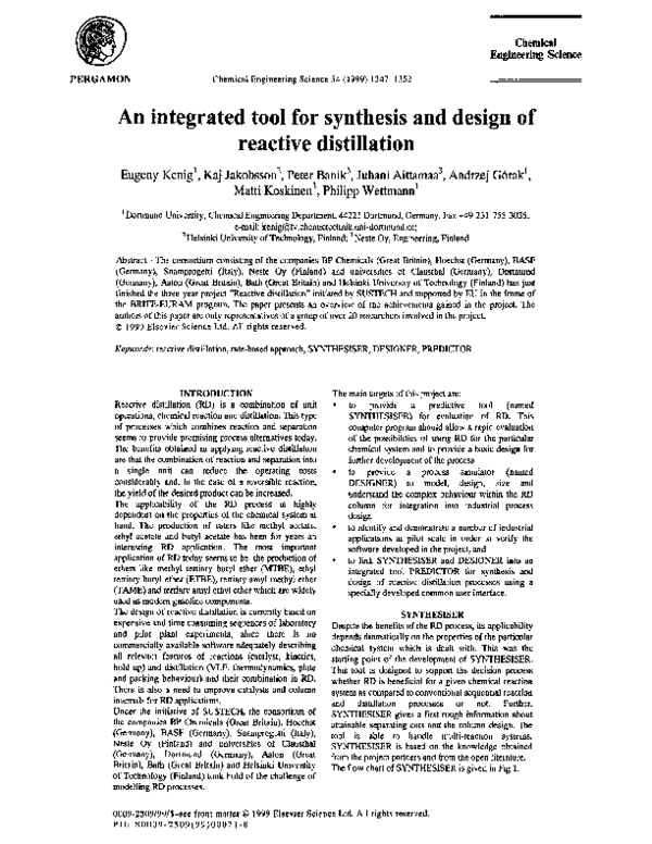 Pdf An Integrated Tool For Synthesis And Design Of Reactive Distillation