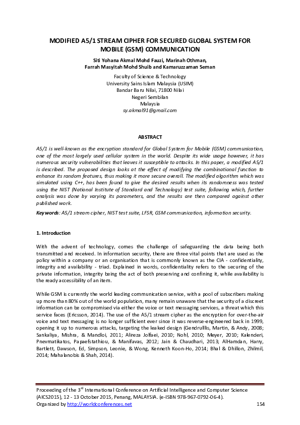 Pdf Modified A5 1 Stream Cipher For Secured Global System For Mobile Gsm Communication