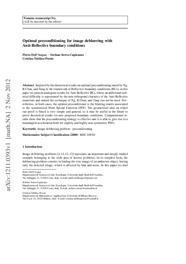 (PDF) Optimal preconditioning for image deblurring with Anti-Reflective boundary conditions