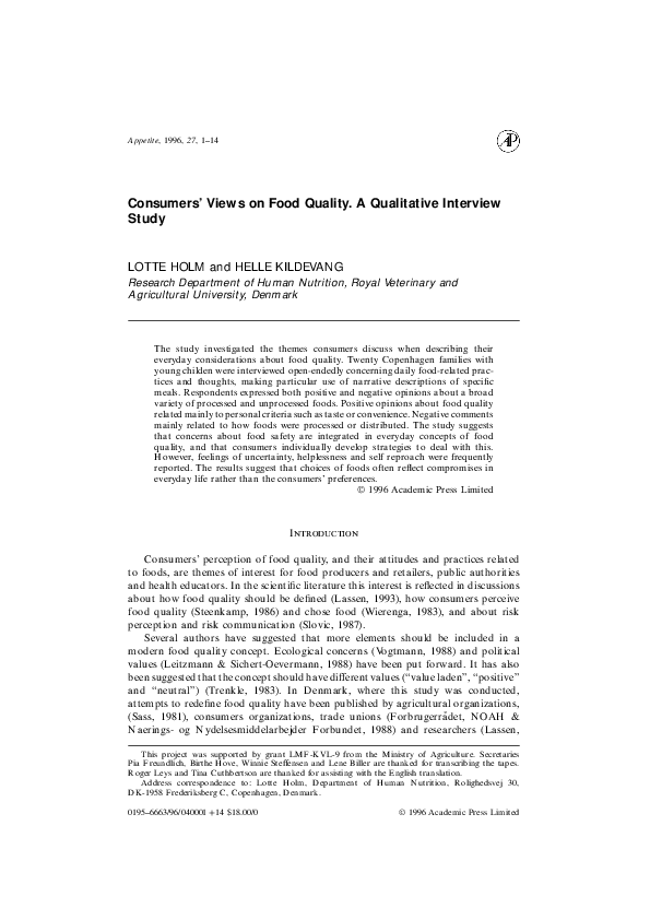 (PDF) Consumers' Views on Food Quality. A Qualitative Interview Study