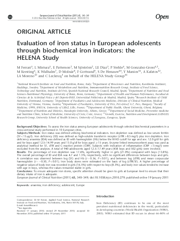 (PDF) Evaluation of iron status in European adolescents through ...