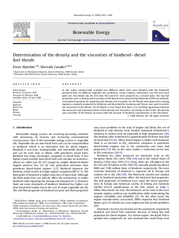 (PDF) Determination of the density and the viscosities of biodiesel ...