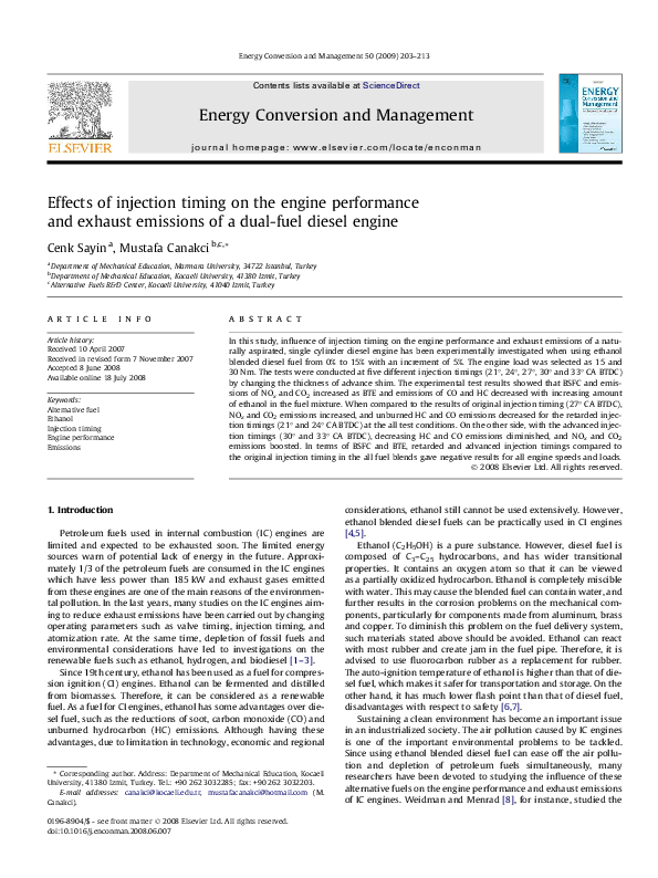 Pdf Effects Of Injection Timing On The Engine Performance And Exhaust Emissions Of A Dual Fuel