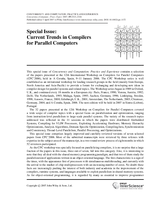 (PDF) Special Issue: Current Trends in Compilers for Parallel Computers