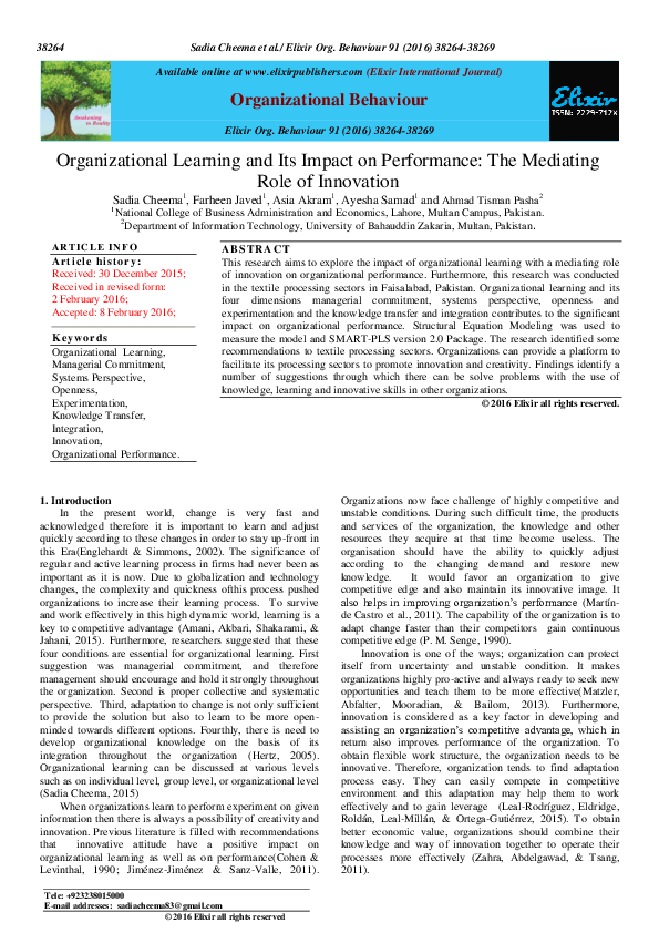 (PDF) Organizational Learning and Its Impact on Performance: The Mediating Role of Innovation