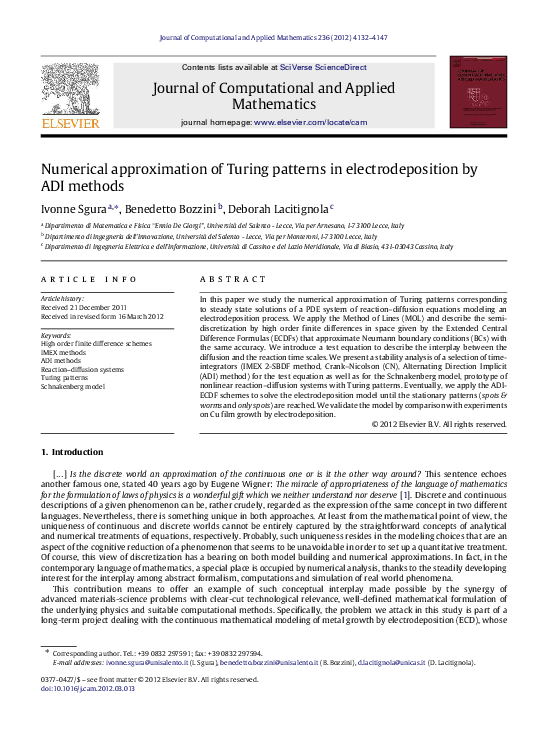 (PDF) Numerical approximation of Turing patterns in electrodeposition by ADI methods