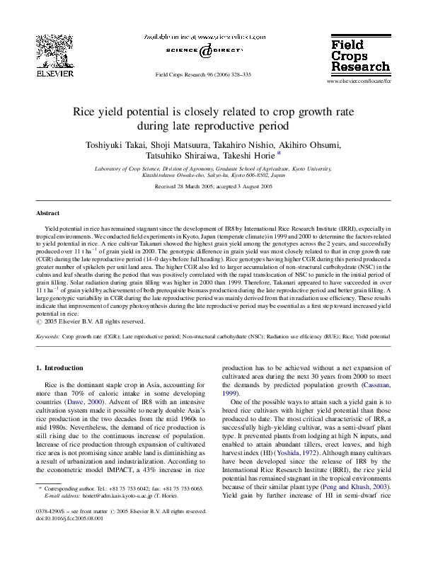 (PDF) Rice yield potential is closely related to crop growth rate ...