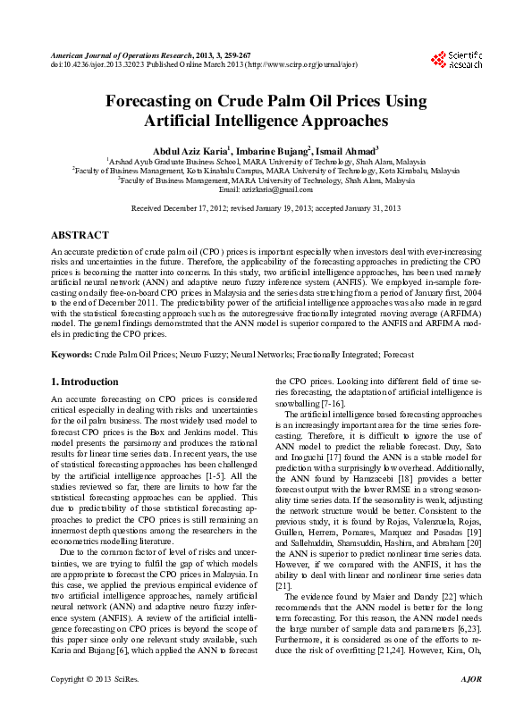 Pdf Forecasting On Crude Palm Oil Prices Using Artificial Intelligence Approaches