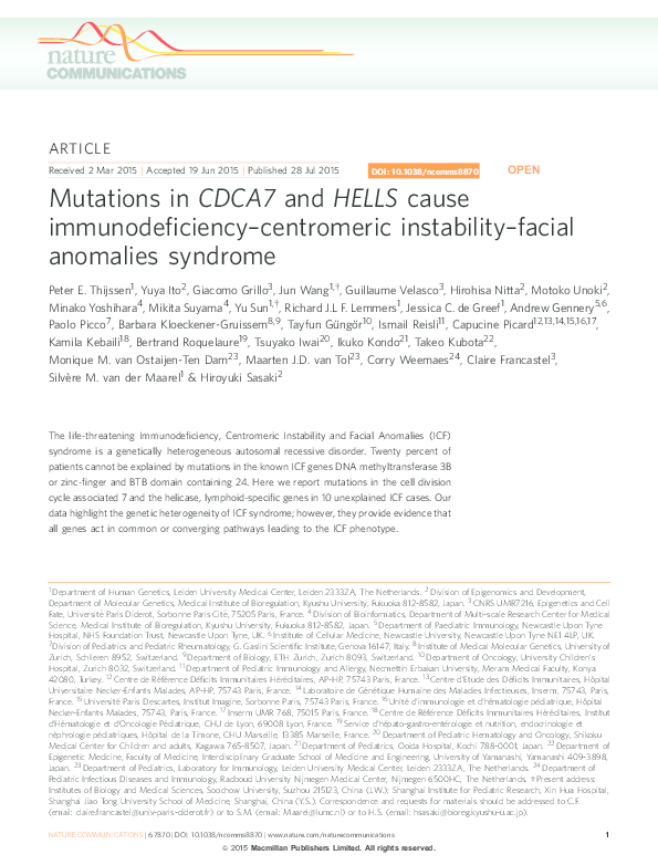 (PDF) Mutations in CDCA7 and HELLS cause immunodeficiency-centromeric ...
