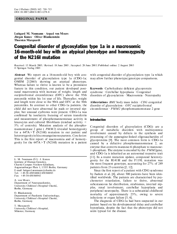 (PDF) Congenital disorder of glycosylation type 1a in a macrosomic 16 ...
