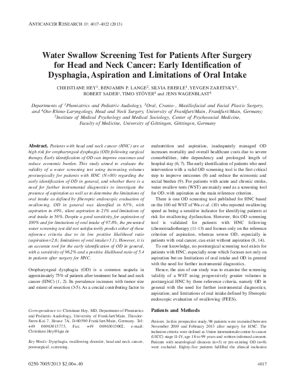 (PDF) Water swallow screening test for patients after surgery for head ...