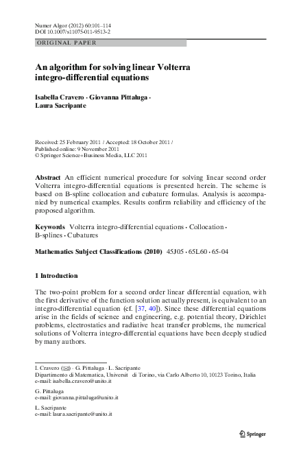 Pdf An Algorithm For Solving Linear Volterra Integro Differential