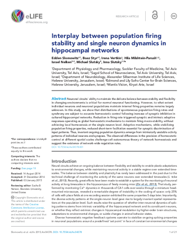 (PDF) Interplay between population firing stability and single neuron dynamics in hippocampal ...