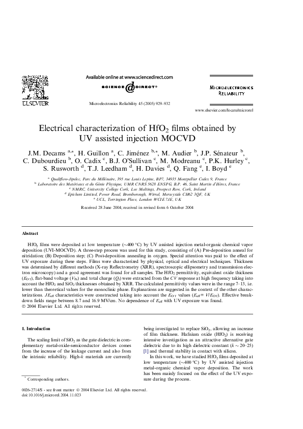 (PDF) Electrical characterization of HfO2 films obtained by UV assisted ...