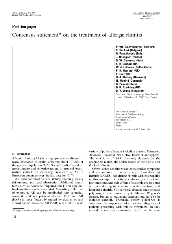 (PDF) Consensus statement * on the treatment of allergic rhinitis