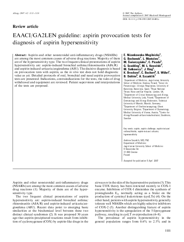 (PDF) EAACI/GA2LEN guideline: aspirin provocation tests for diagnosis ...