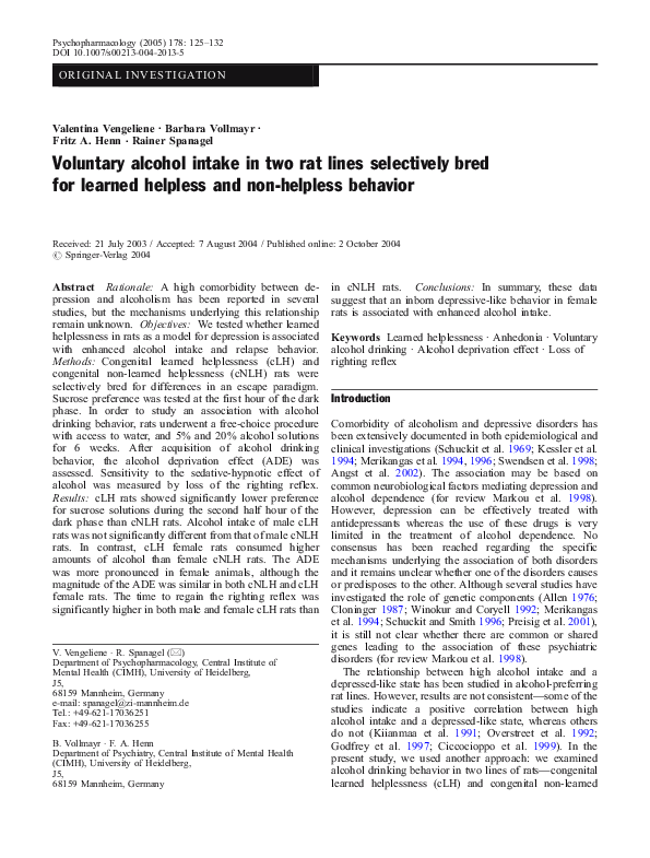 (PDF) Voluntary alcohol intake in two rat lines selectively bred for ...