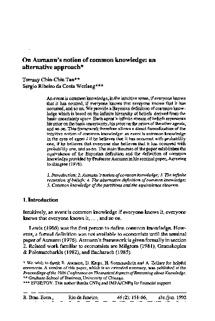 (PDF) On Aumann's notion of common knowledge: an alternative approach