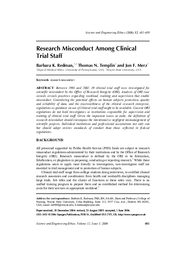 (PDF) Research misconduct among clinical trial staff