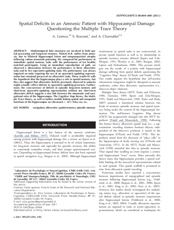 (PDF) Spatial deficits in an amnesic patient with hippocampal damage ...