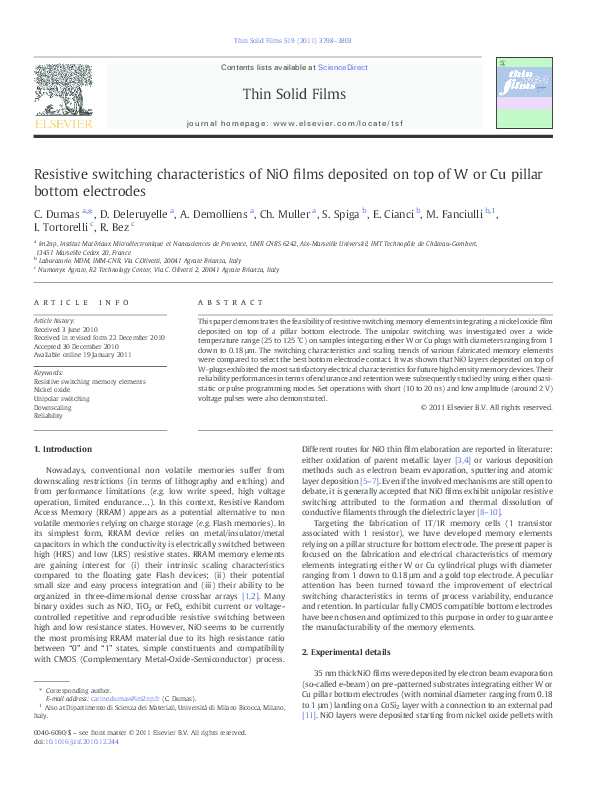 (PDF) Resistive switching characteristics of NiO films deposited on top of W or Cu pillar bottom ...