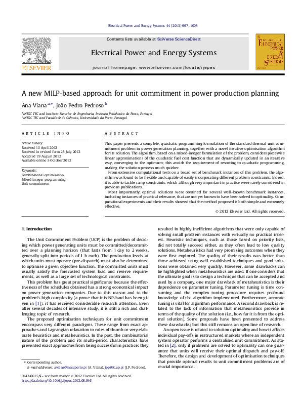 Pdf A New Milp Based Approach For Unit Commitment In Power Production Planning