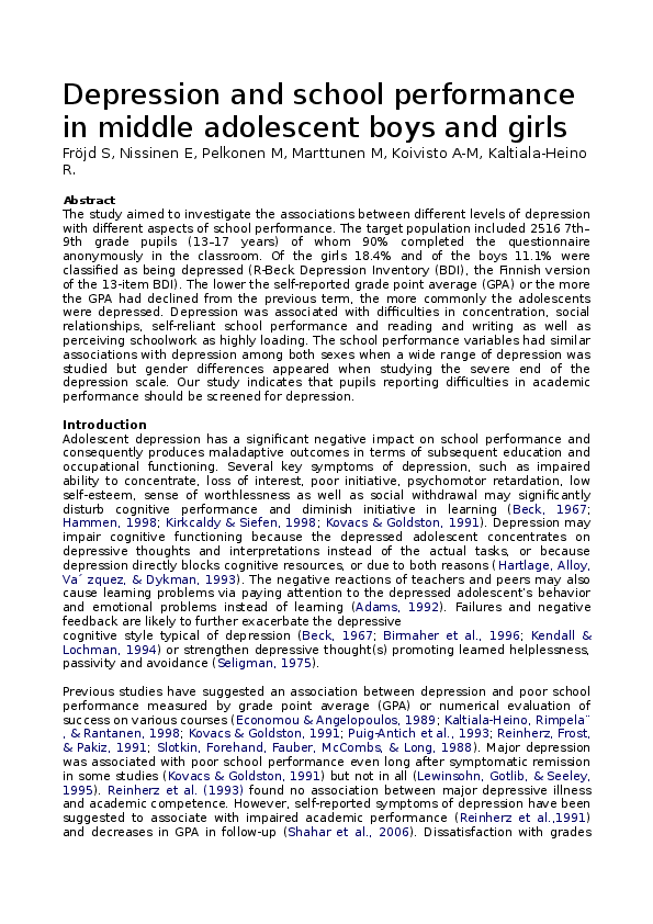 (DOC) Depression and school performance in middle adolescent boys and girls