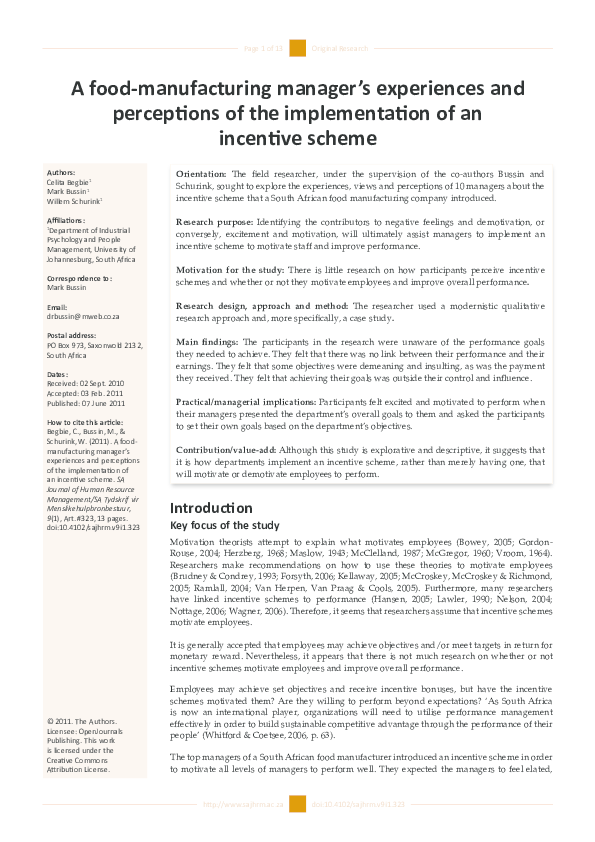 (PDF) A food-manufacturing manager's experiences and perceptions of the ...