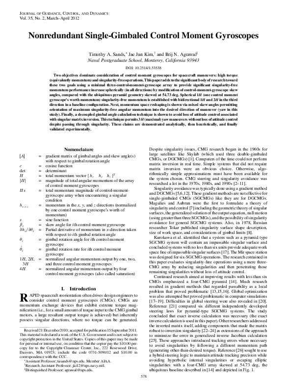 (PDF) Nonredundant Single-Gimbaled Control Moment Gyroscopes