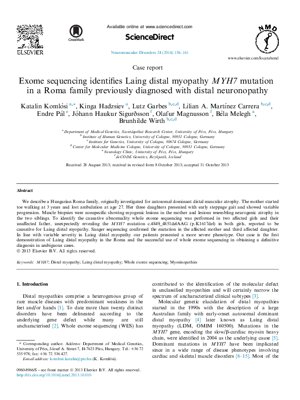(PDF) Exome sequencing identifies Laing distal myopathy MYH7 mutation ...