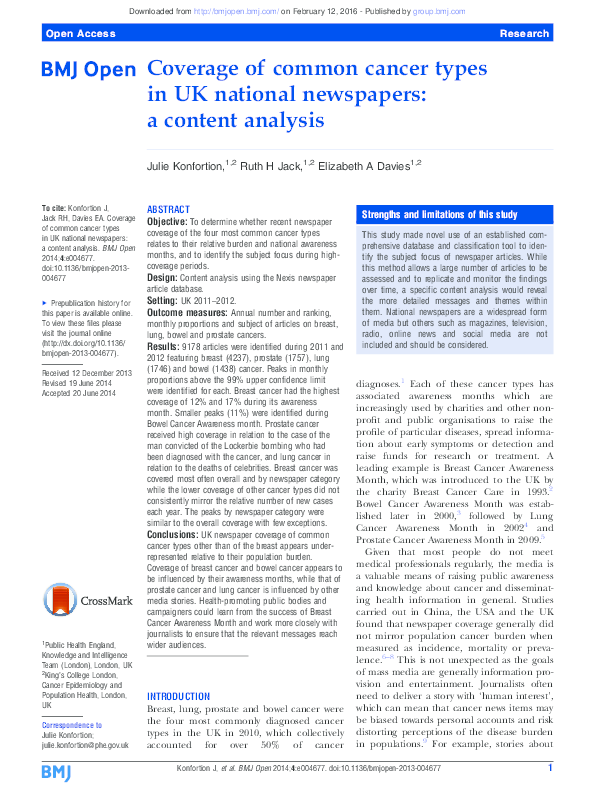 (PDF) Coverage of common cancer types in UK national newspapers: a ...
