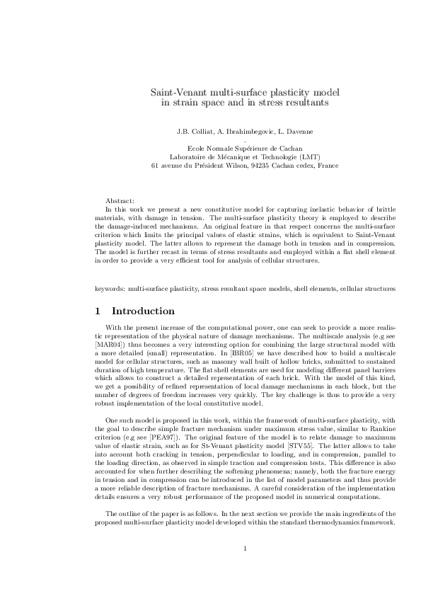 (PDF) Saint-Venant multi-surface plasticity model in strain space and in stress resultants