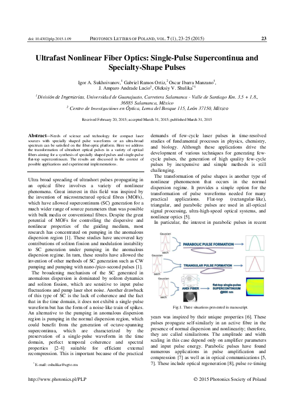 (PDF) Ultrafast Nonlinear Fiber Optics: Single-Pulse Supercontinua and Specialty-Shape Pulses