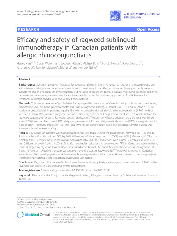 (PDF) Efficacy and safety of ragweed sublingual immunotherapy in ...