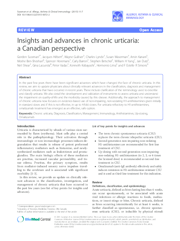 (PDF) Insights and advances in chronic urticaria: a Canadian perspective