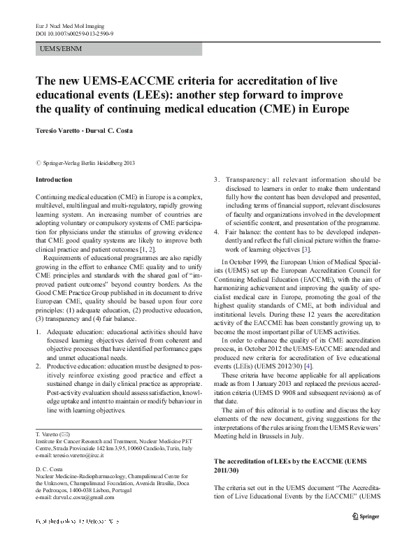 (PDF) The new UEMS-EACCME criteria for accreditation of live ...