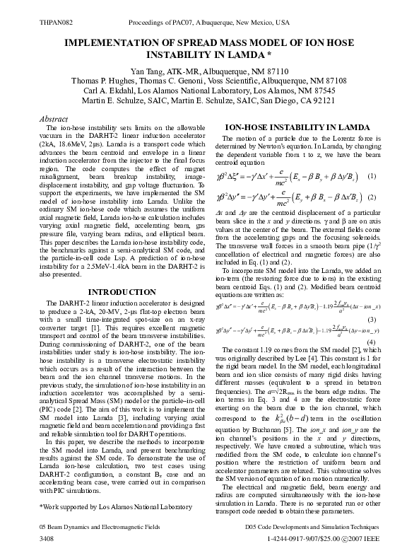(PDF) Implementation of spread mass model of ion hose instability in lamda