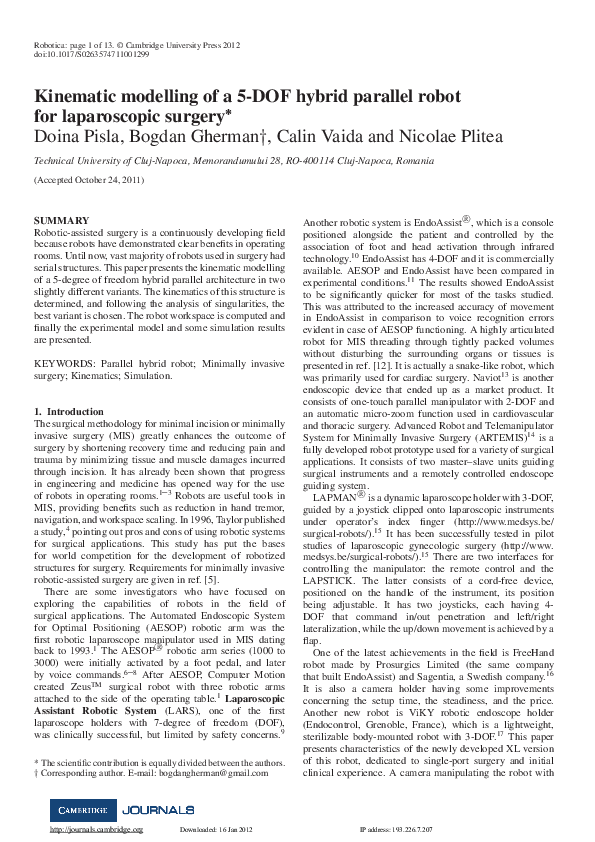 Pdf Kinematic Modelling Of A 5 Dof Hybrid Parallel Robot For Laparoscopic Surgery Calin