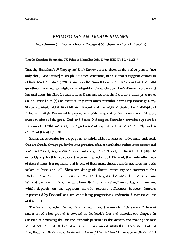 (PDF) Review of Timothy Shanahan, Philosophy and Blade Runner