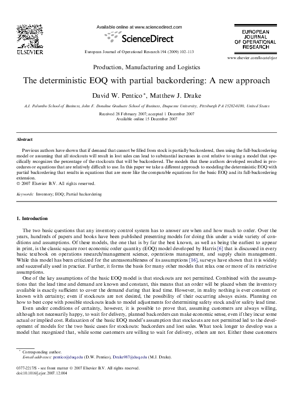 (PDF) The deterministic EOQ with partial backordering: A new approach