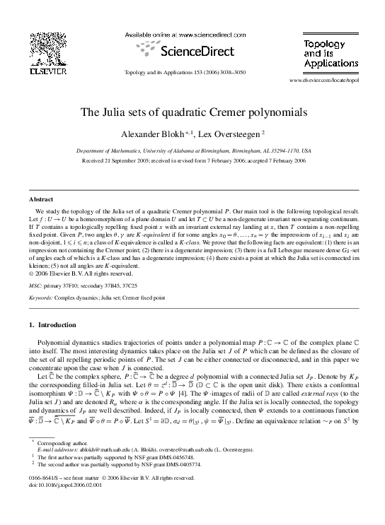 (PDF) The Julia sets of quadratic Cremer polynomials