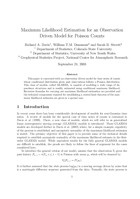 (PDF) Maximum Likelihood Estimation for an Observation Driven Model for Poisson Counts