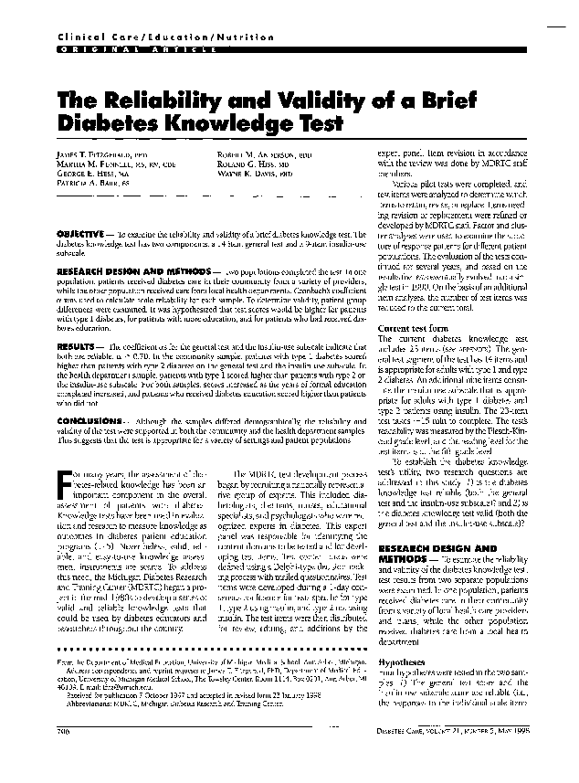 (PDF) The reliability and validity of a brief diabetes knowledge test
