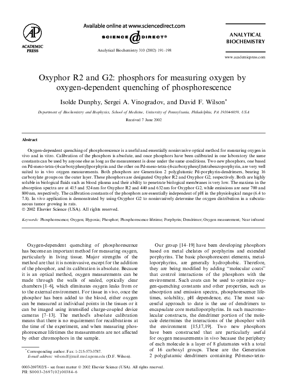 (PDF) Oxyphor R2 and G2: phosphors for measuring oxygen by oxygen ...