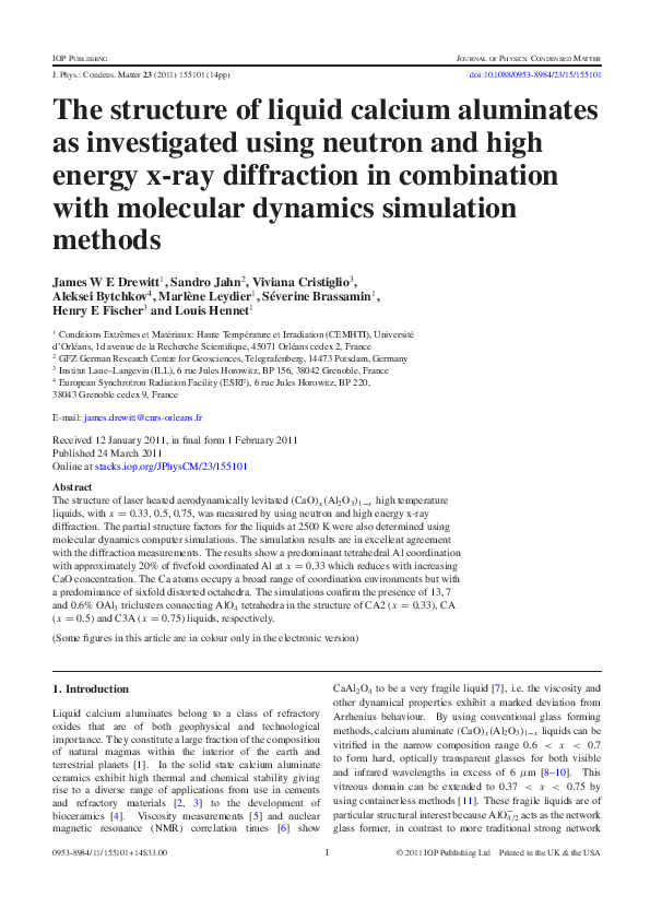 (PDF) The structure of liquid calcium aluminates as investigated using ...