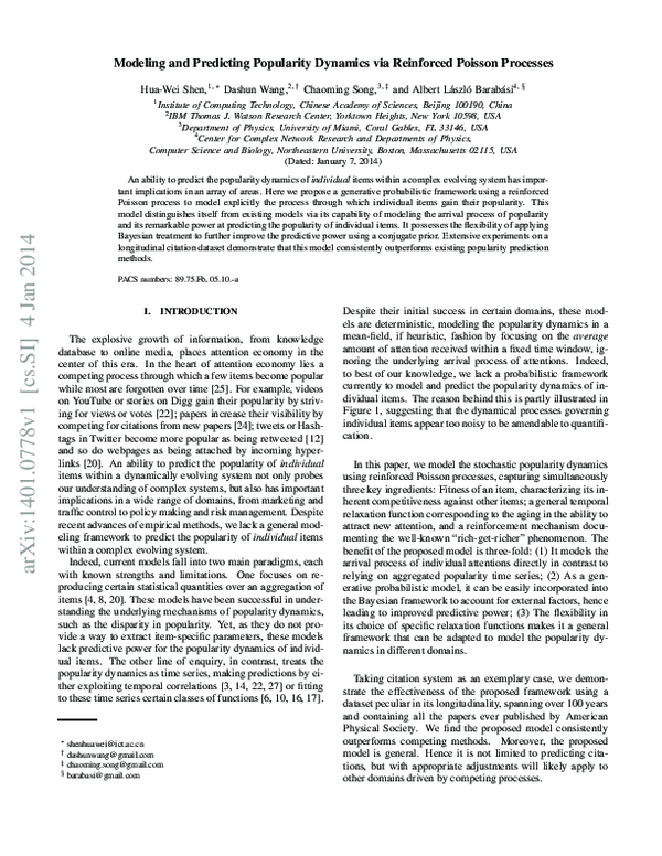 (PDF) Modeling and predicting popularity dynamics via reinforced Poisson processes