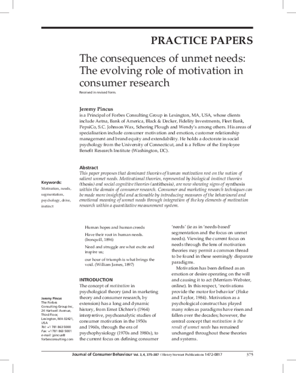 (PDF) The consequences of unmet needs: The evolving role of motivation ...
