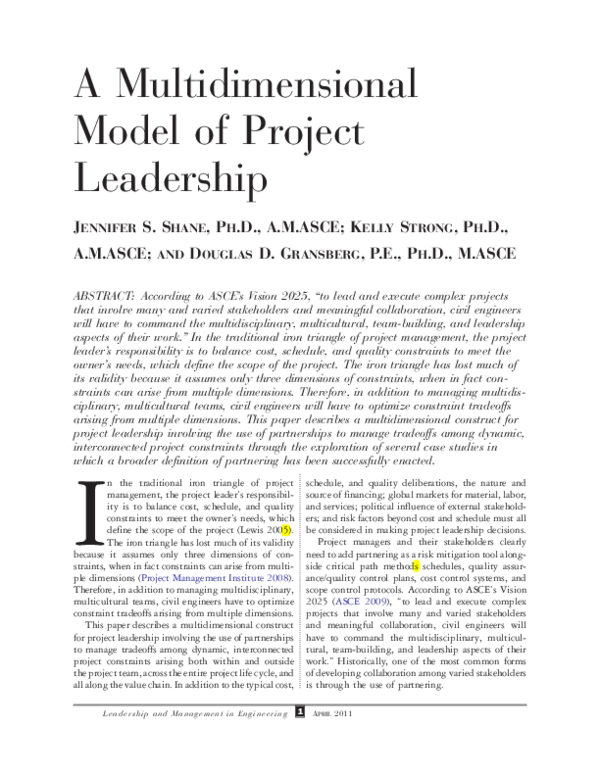 (PDF) A Multidimensional Model of Project Leadership