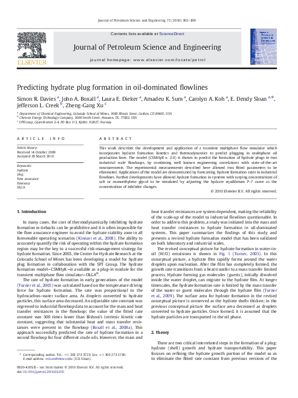 (PDF) Predicting hydrate plug formation in oil-dominated flowlines